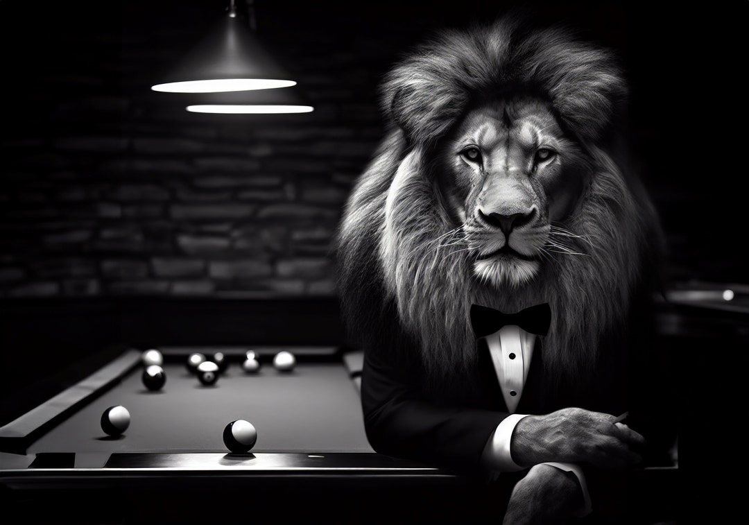 Lion Tuxedo Billiard Hall Pool Table Black and White Photograph Canvas ...