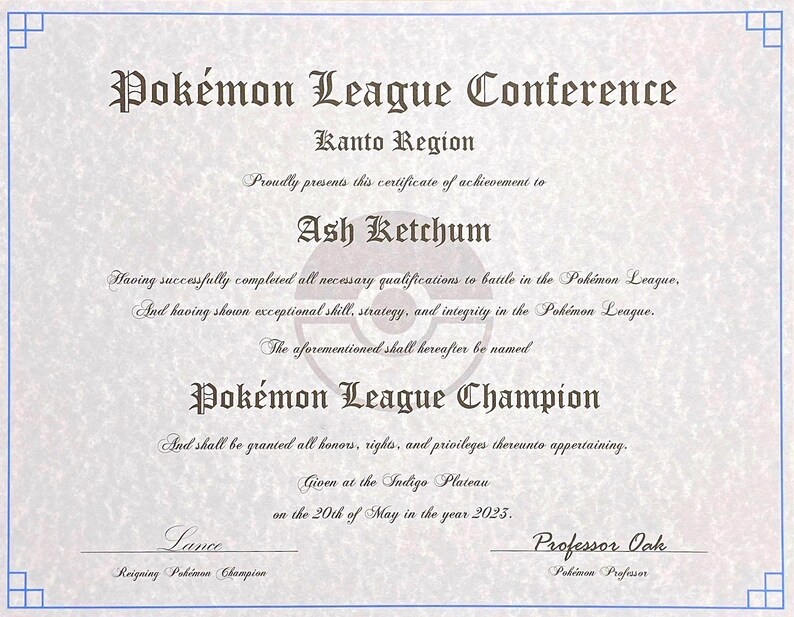 Pokémon League Champion Personalized Certificate - Etsy