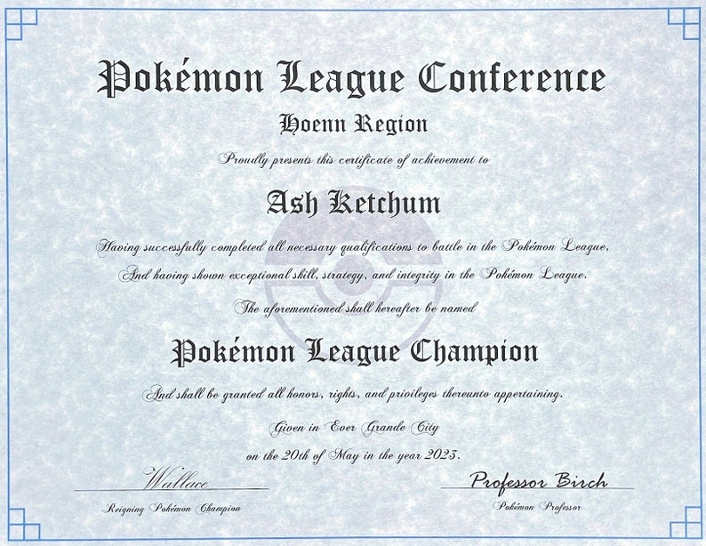 Pokémon League Champion Personalized Certificate - Etsy