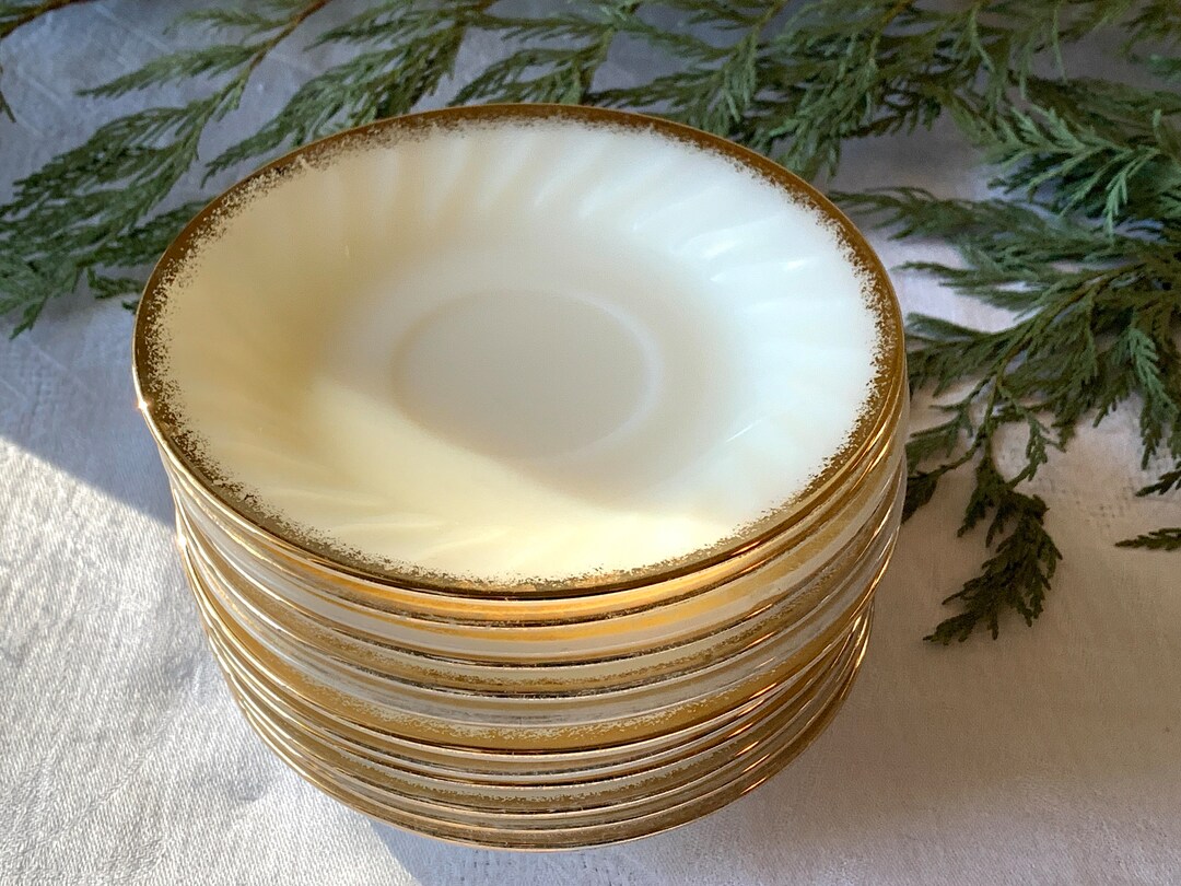 Fire King Swirl Milk Glass Saucers With 22k Gold Trim - Coffee Plates ...