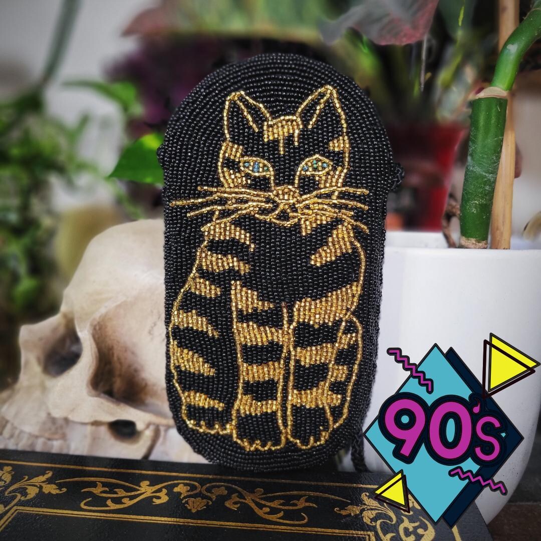 Vintage TST Arts Beaded Cat Purse Black Gold Beadwork Evening Bag Regal ...