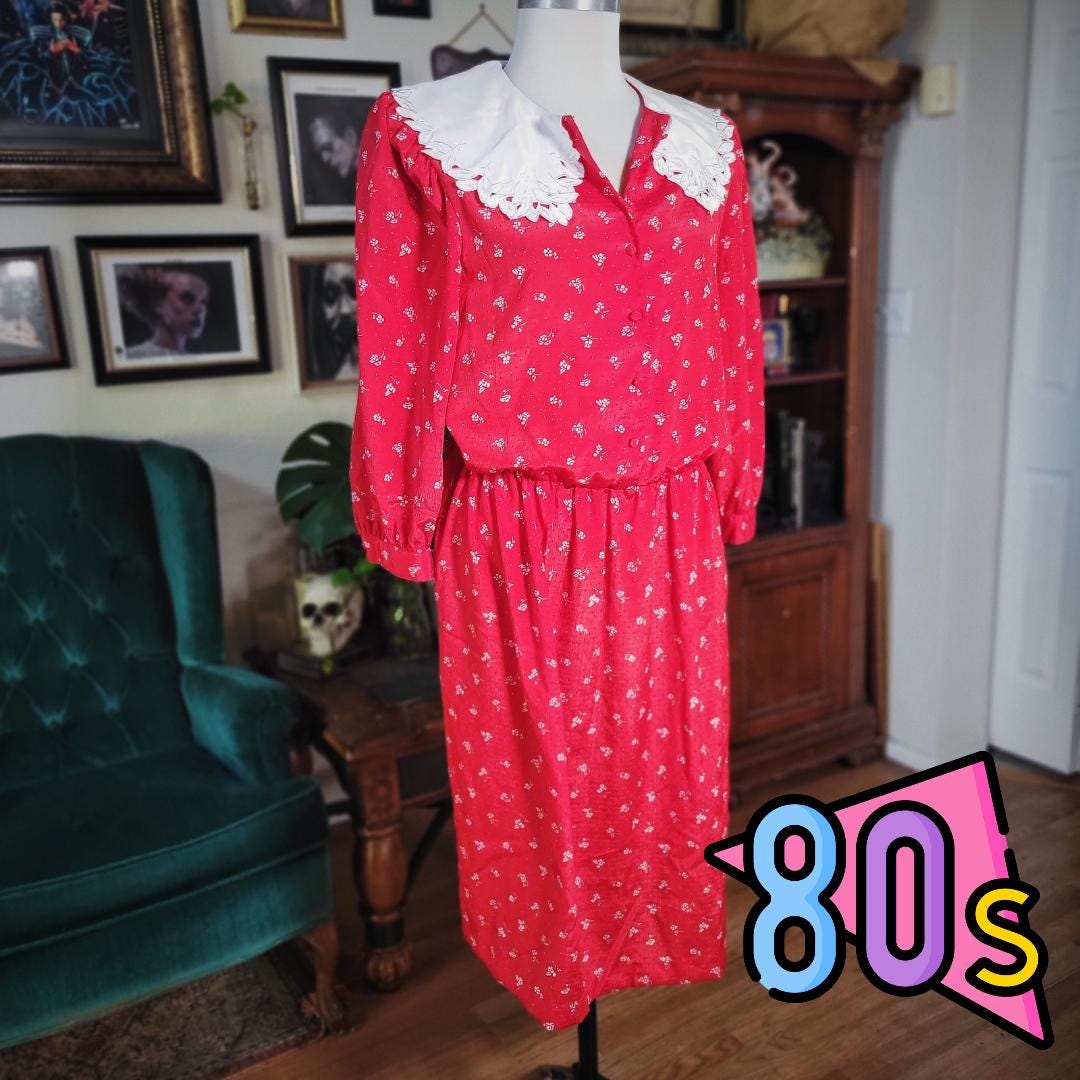 Vintage 80s BLAKE ELIZABETH Red White Floral Embroidered Collar Midi ...