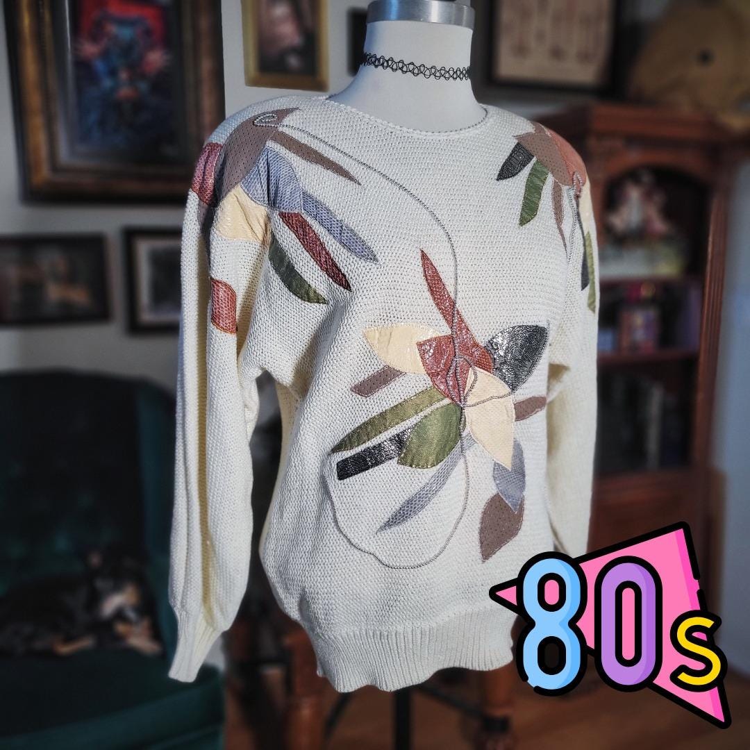 Vintage 80s Rochelle California Women's Cream Textured Knit Floral ...