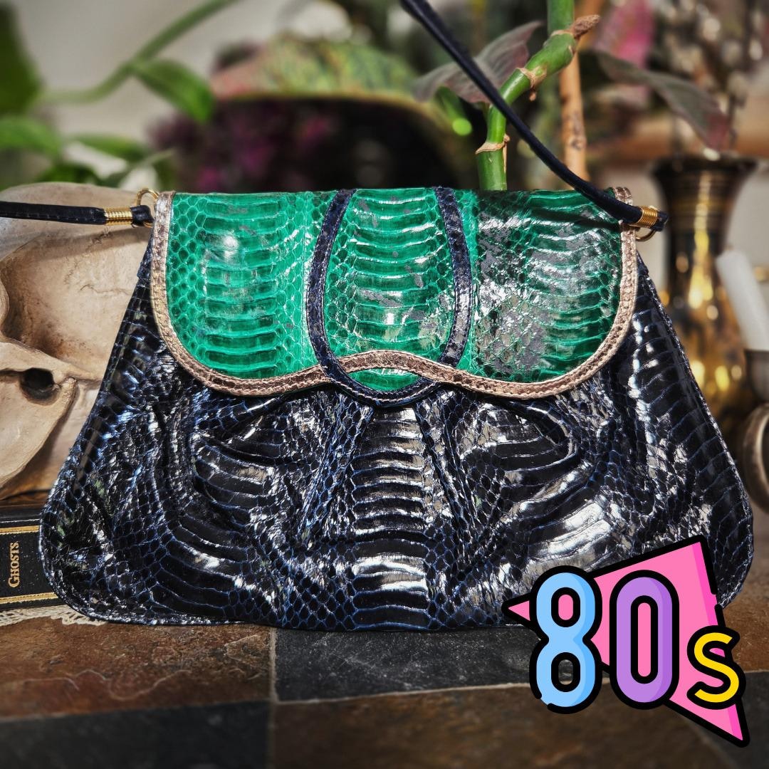Vintage 80s J Renee Exotic Snake Skin Shoulder Bag Green Black Evening ...