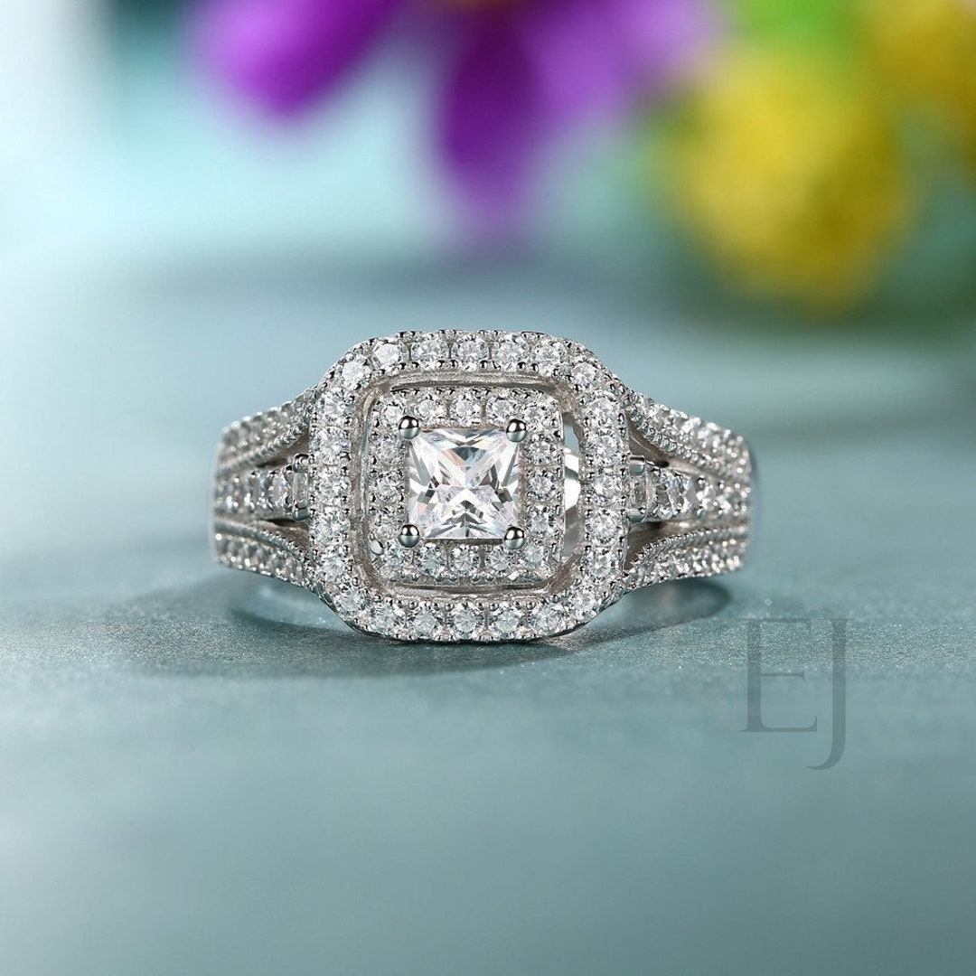 Princess Cut Double Halo Split Shank Wedding Ring Princess Cut ...
