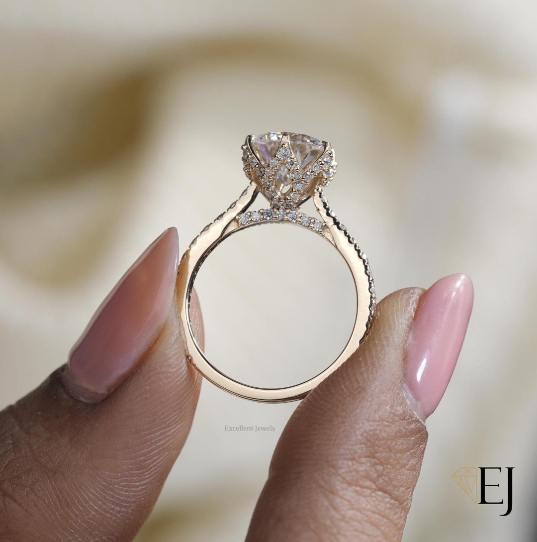 2CT Round Solitaire Tulip Setting Ring 14K Yellow Round Moissanite ...