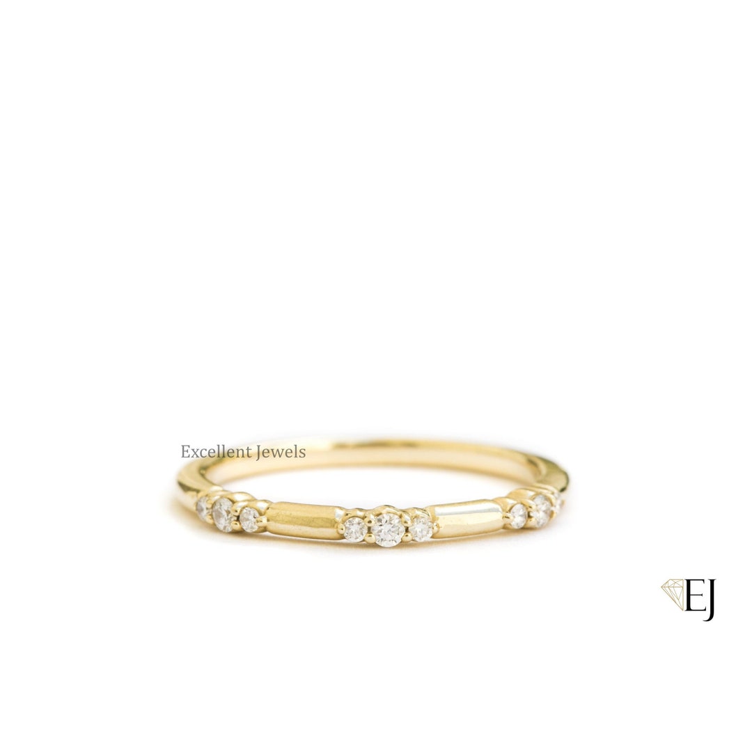 Flush Set Diamond Band Dainty Diamond Wedding Band 14K Solid Gold ...