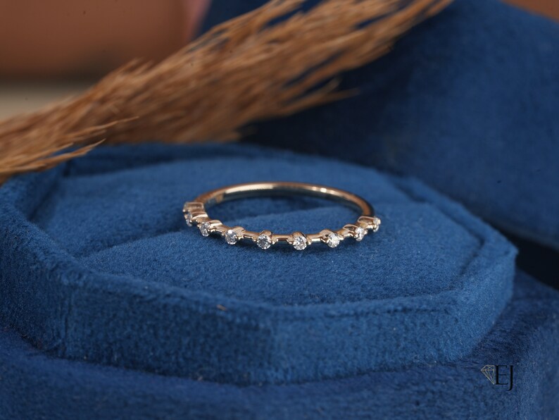 Bubble Prong Set Round Colorless Moissanite Wedding Band Thin Distance ...