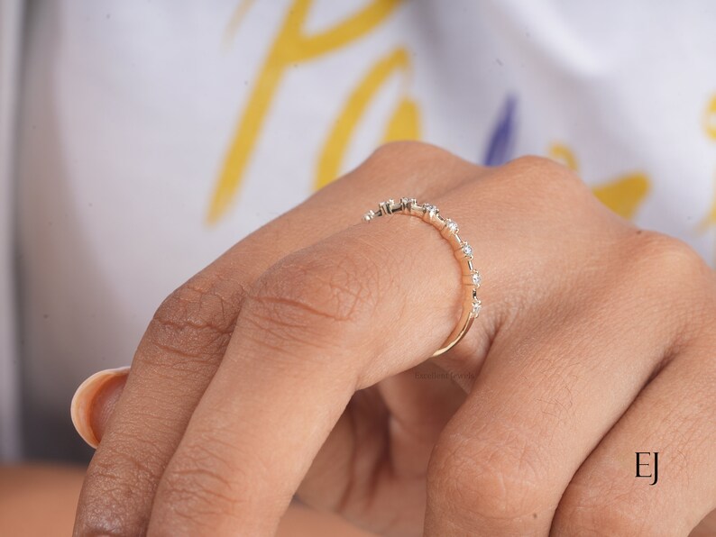 Bubble Prong Set Round Colorless Moissanite Wedding Band Thin Distance ...