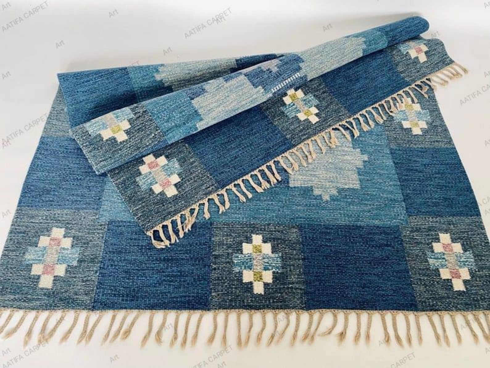 Muted Blue Kilim Rug: Handwoven New Zealand Wool, Southwestern Design ...