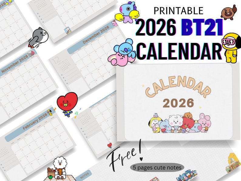 BT21 BTS Printable 2026 A2 Calendar (digital Download) 2026 Digital ...