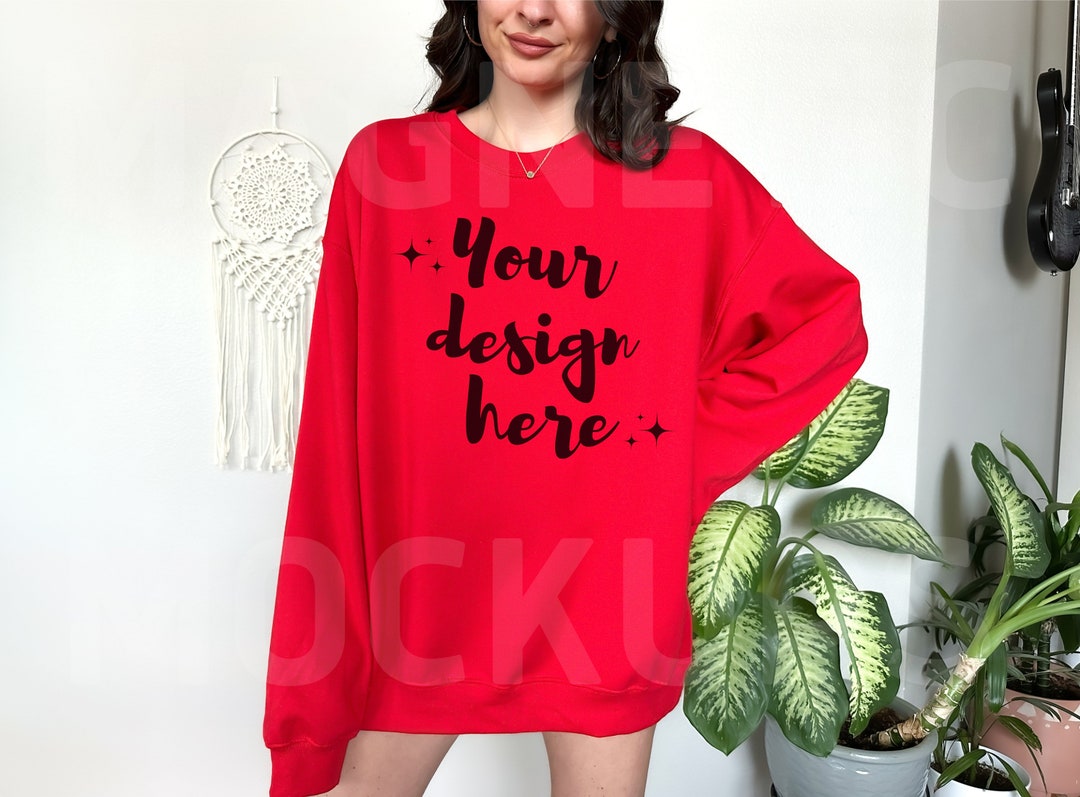 Gildan 18000 Red Mockup, Oversized Crewneck Mockup, Gildan 18000 ...