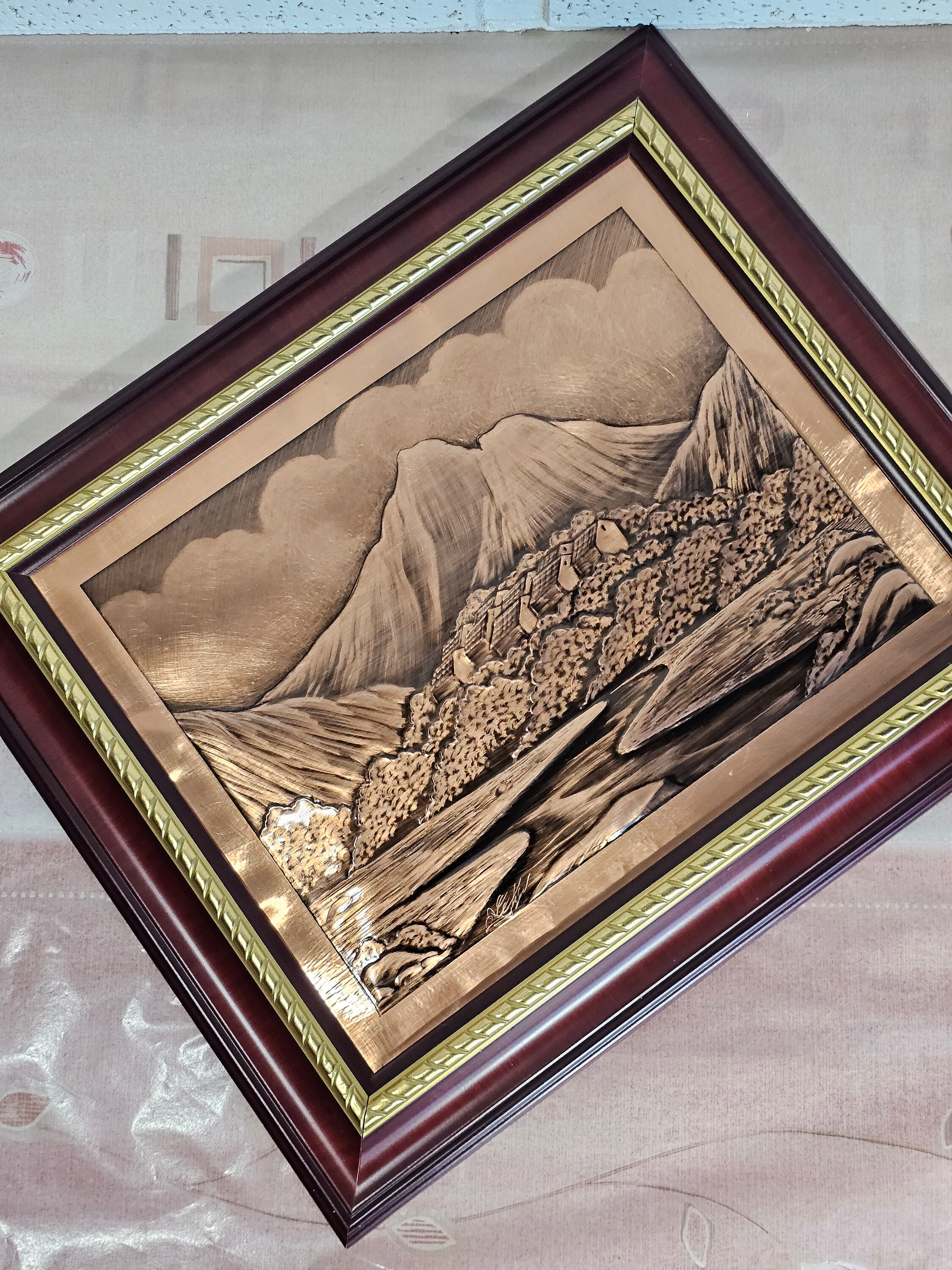 Copper Board and Wooden Frame. Embossed Copper Wall Plaque. Drawing in ...