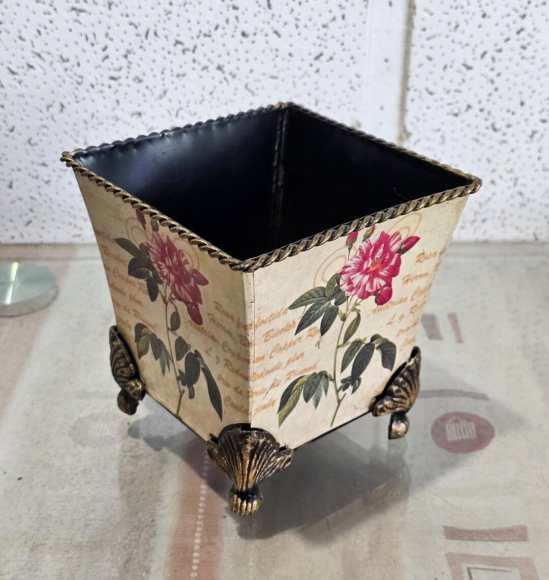 Beautiful Small Metal Flower Pot With Flowered Paper on It.vintage ...