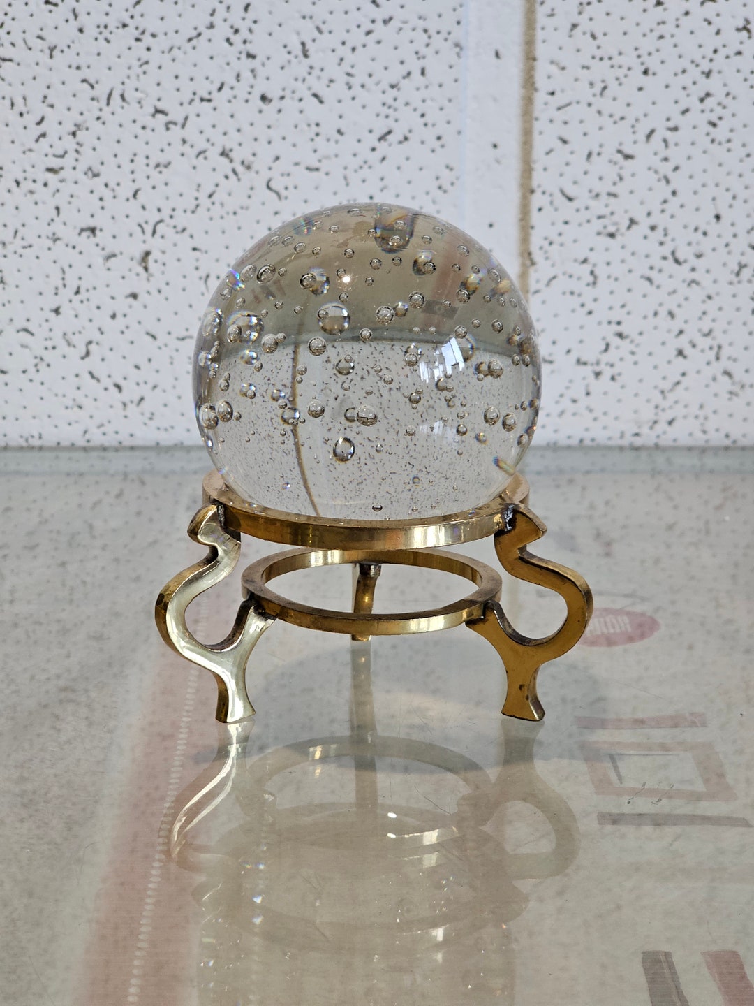 Crystal Ball on Brass Tripod, Crystal Ball With Bubbles on Solid Brass ...