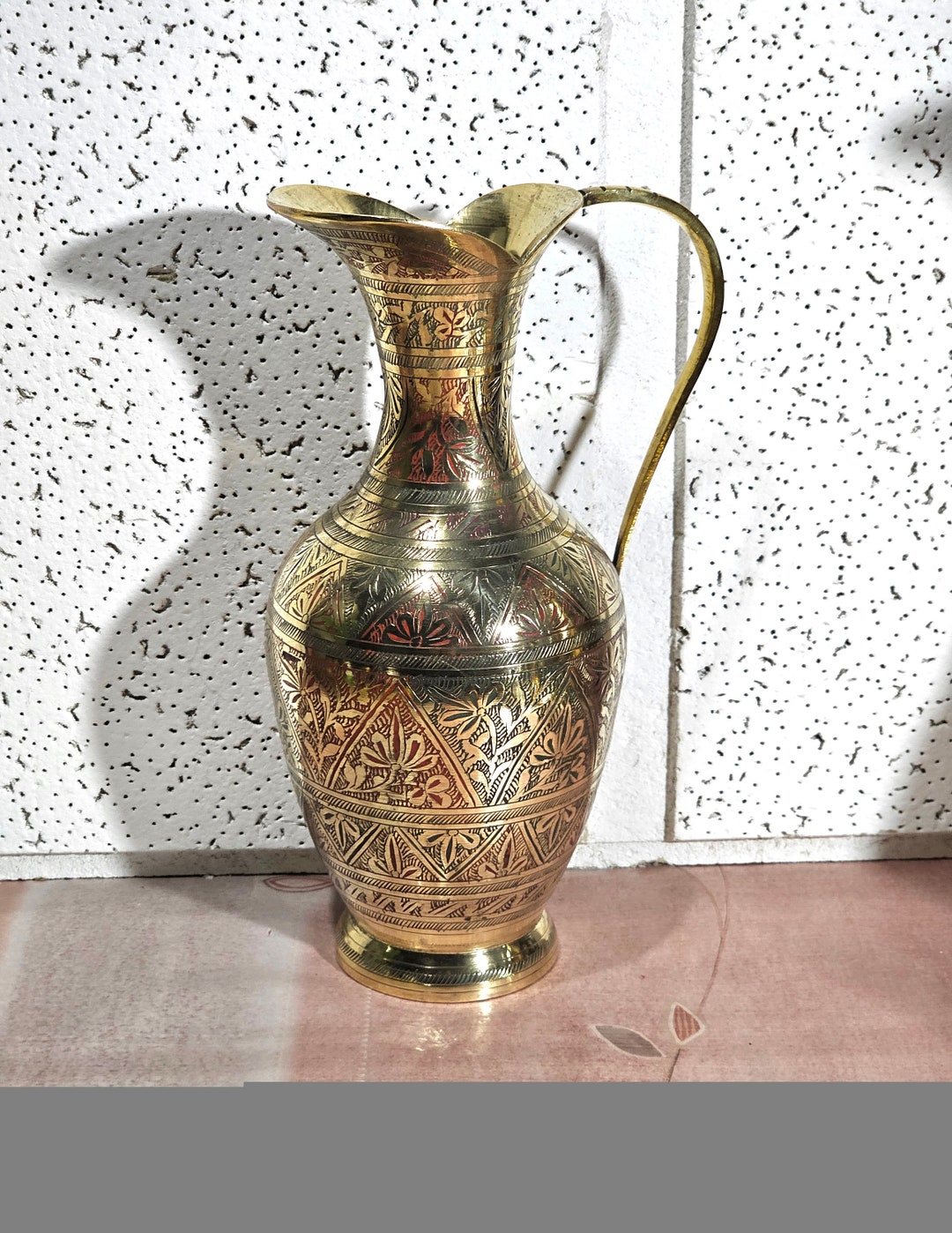 Vintage Indian Brass Pitcher With Engraved Flower and Leaf Design. - Etsy