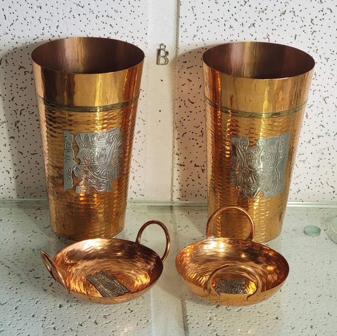 Vintage Copper Set With Pewter Inca Sculpture Above / Two Large Pots ...
