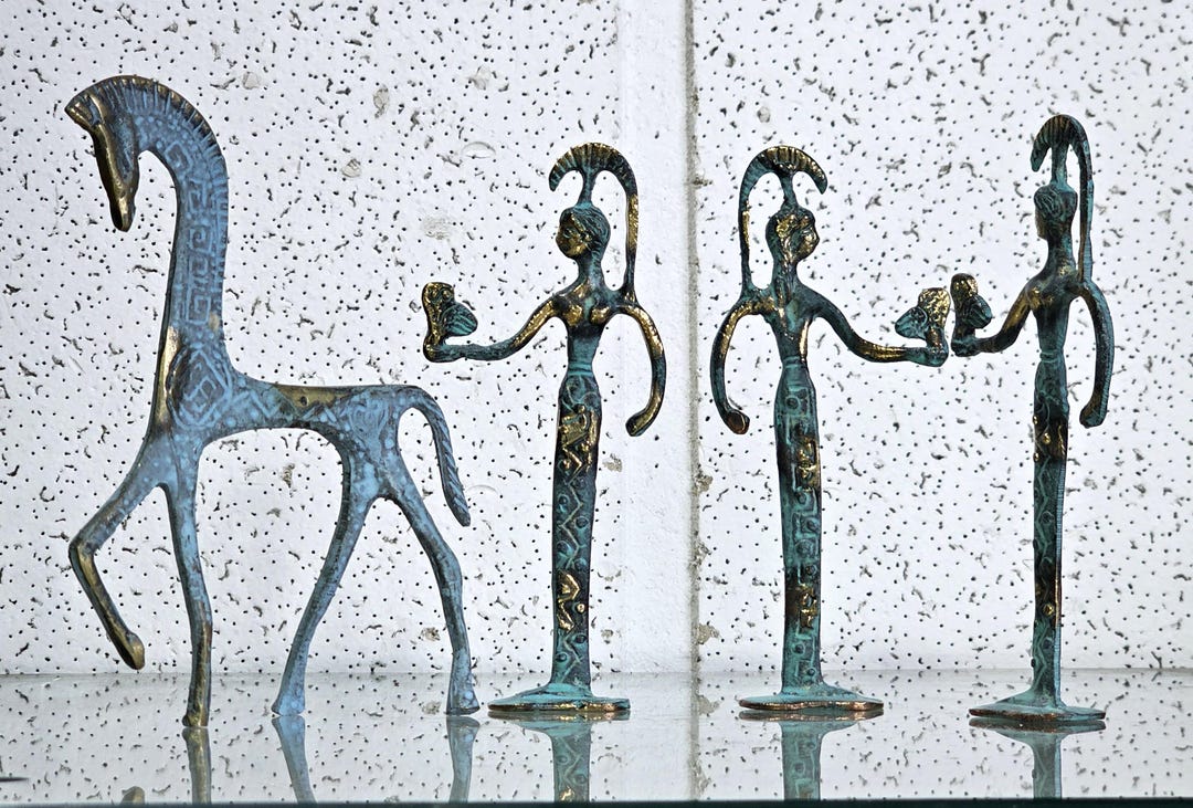 Greek Figurine an Layon Massive, Statue of Horse and the Greek Goddess ...