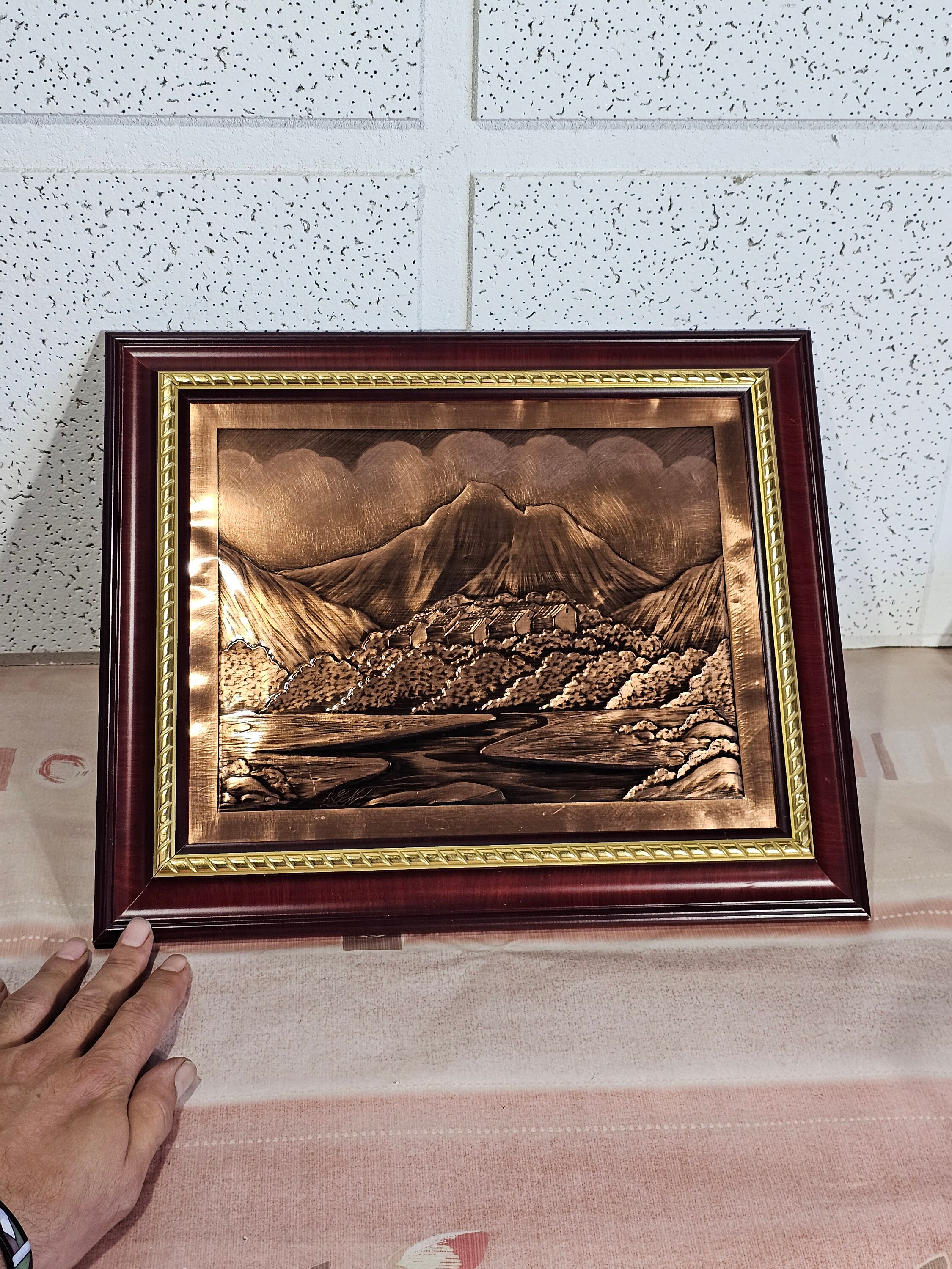 Copper Board and Wooden Frame. Embossed Copper Wall Plaque. Drawing in ...