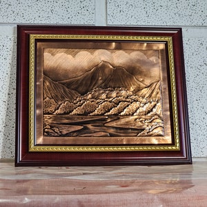 Copper Board and Wooden Frame. Embossed Copper Wall Plaque. Drawing in ...