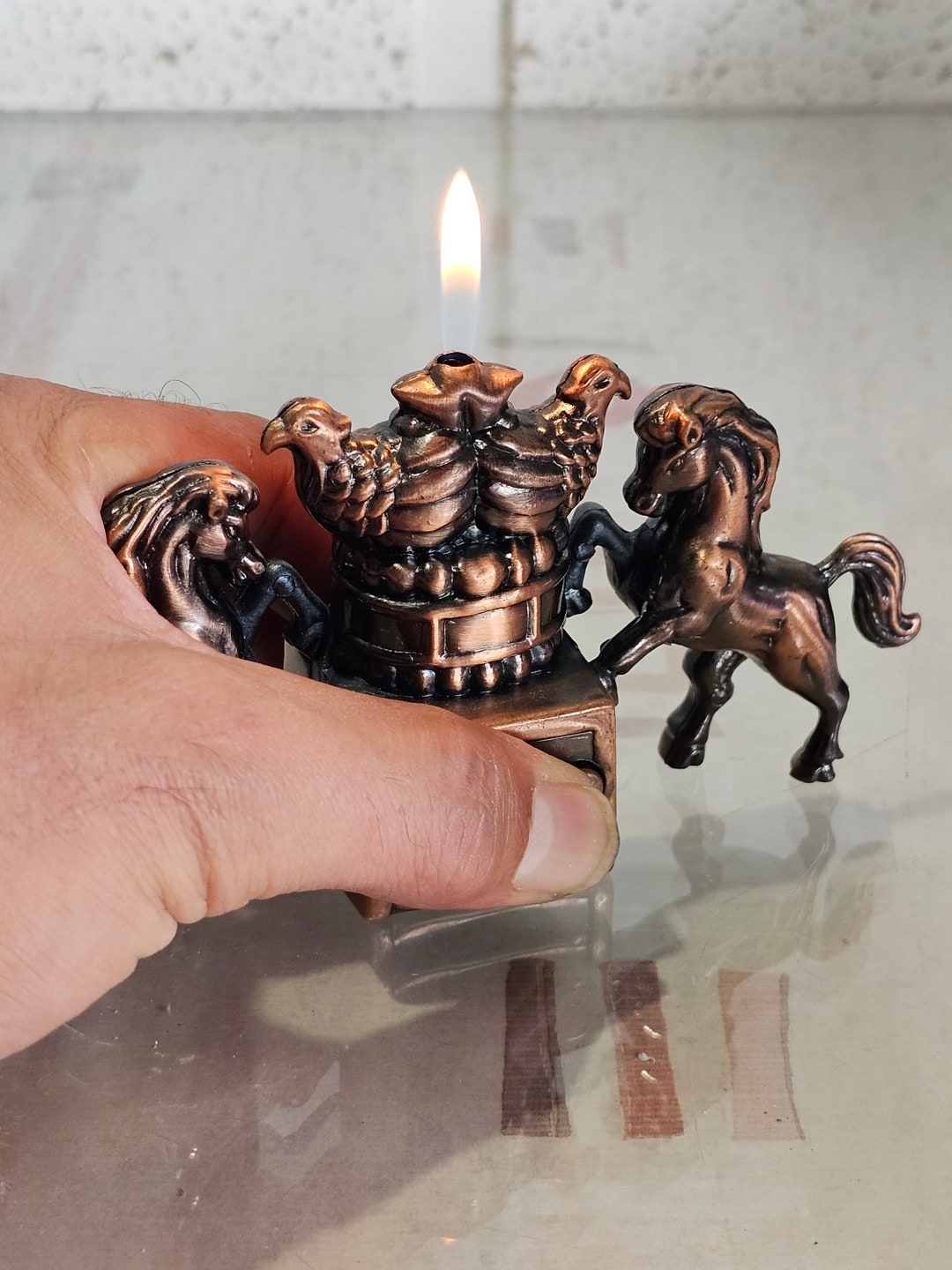 Antique Refillable Table Lighter in Copper Metal With Figurine of ...