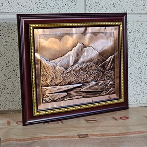 Copper Board and Wooden Frame. Embossed Copper Wall Plaque. Drawing in ...