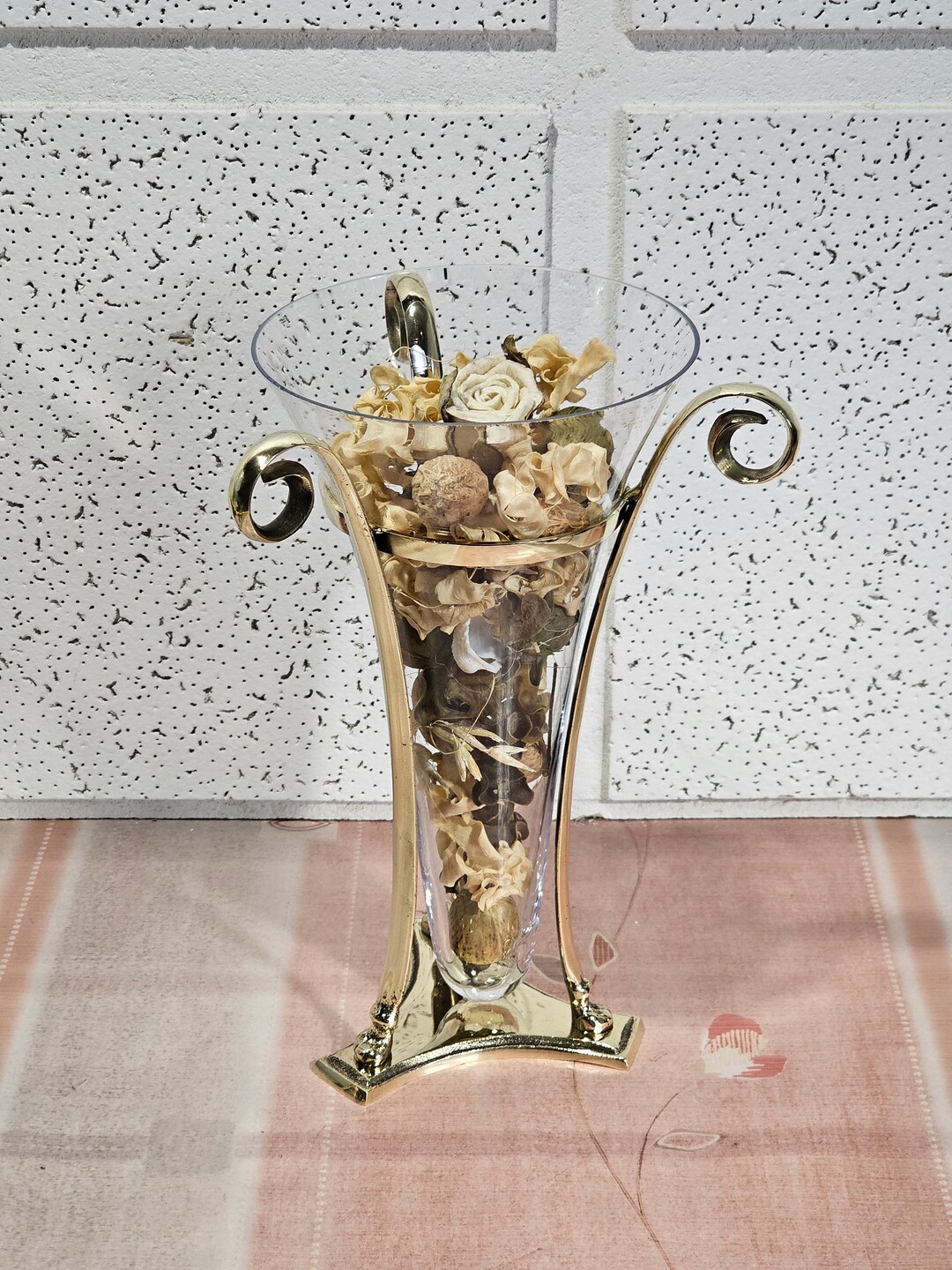 Transparent Glass Flower and Brass Pedestal Stand, Vase With Dried ...