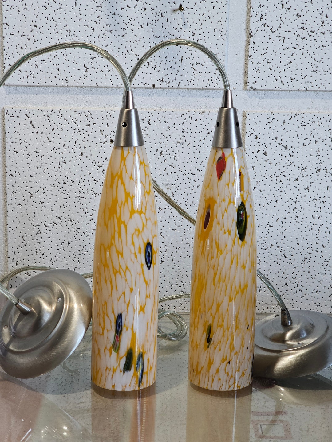 Pair Yellow Murano Style Tortoiseshell Glass Pendant Light, Murano ...