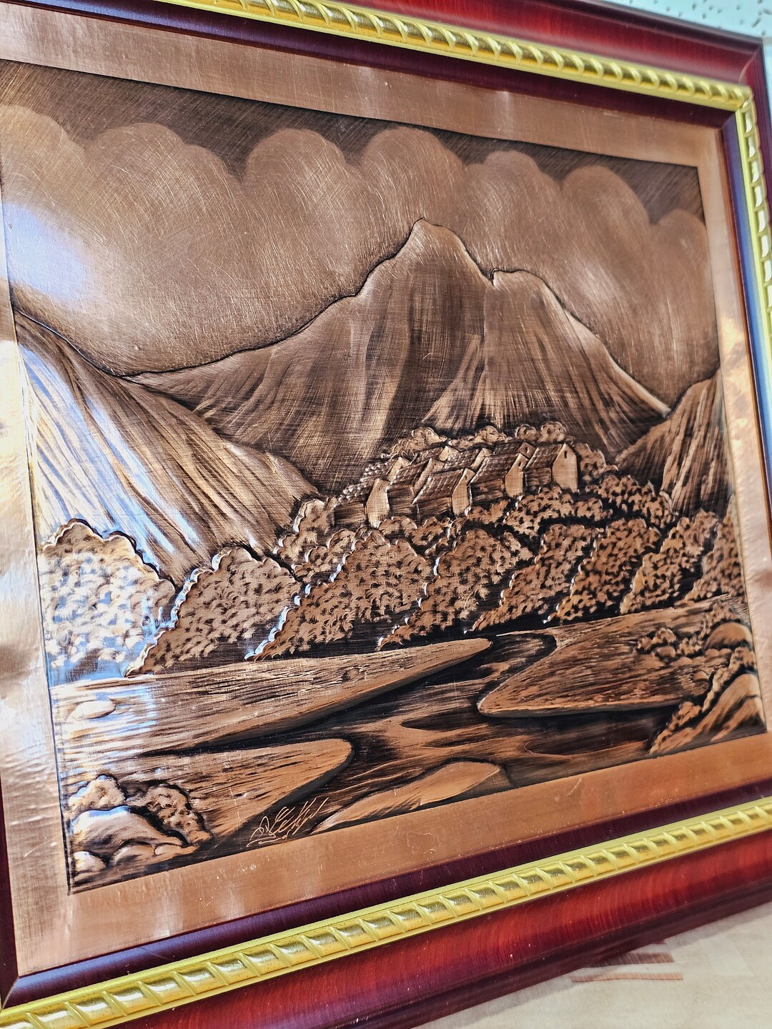 Copper Board and Wooden Frame. Embossed Copper Wall Plaque. Drawing in ...