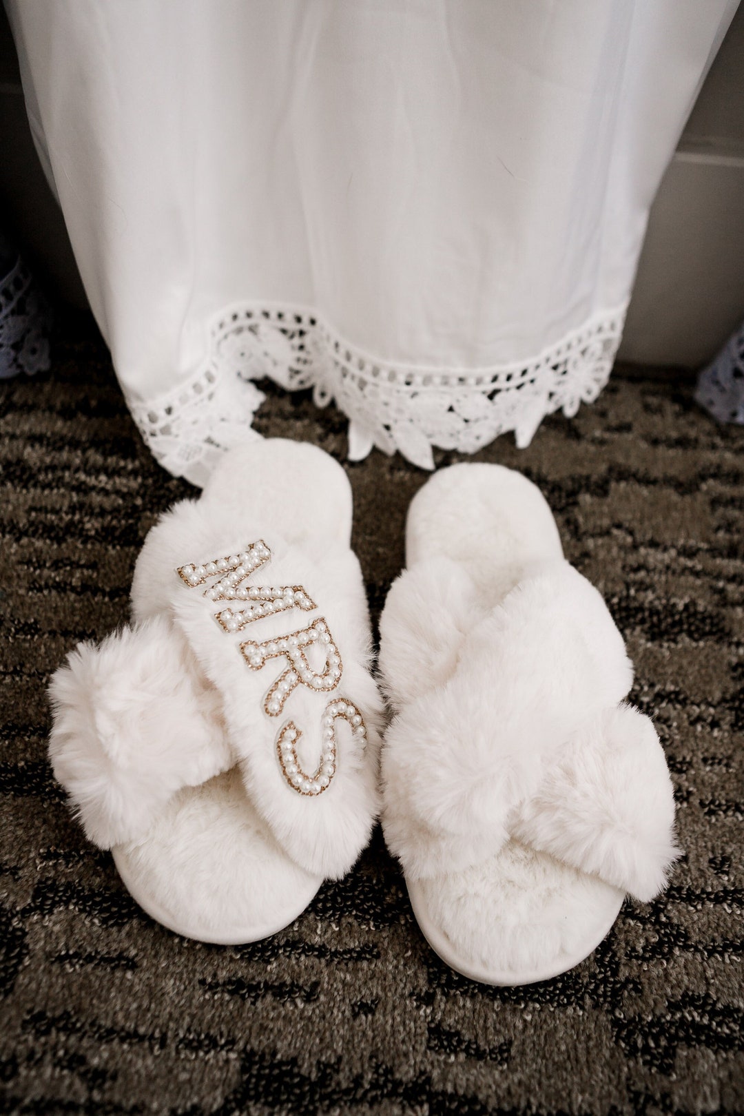 Mrs Pearls Fluffy Slippers, Bridal Fluffy Cross Pearls Slippers, Bride ...