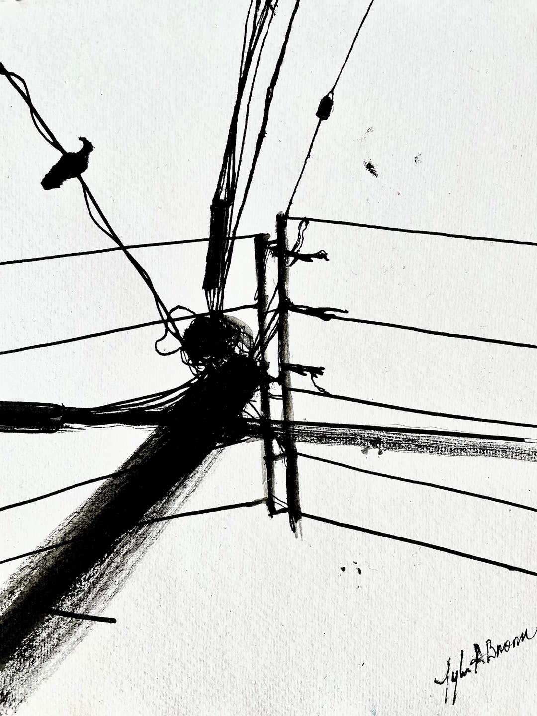 Original Ink Sketch of Power Lines - Hand-drawn Artwork on Khadi ...