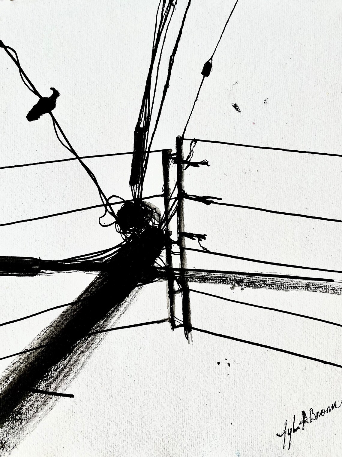 Original Ink Sketch of Power Lines - Hand-drawn Artwork on Khadi ...