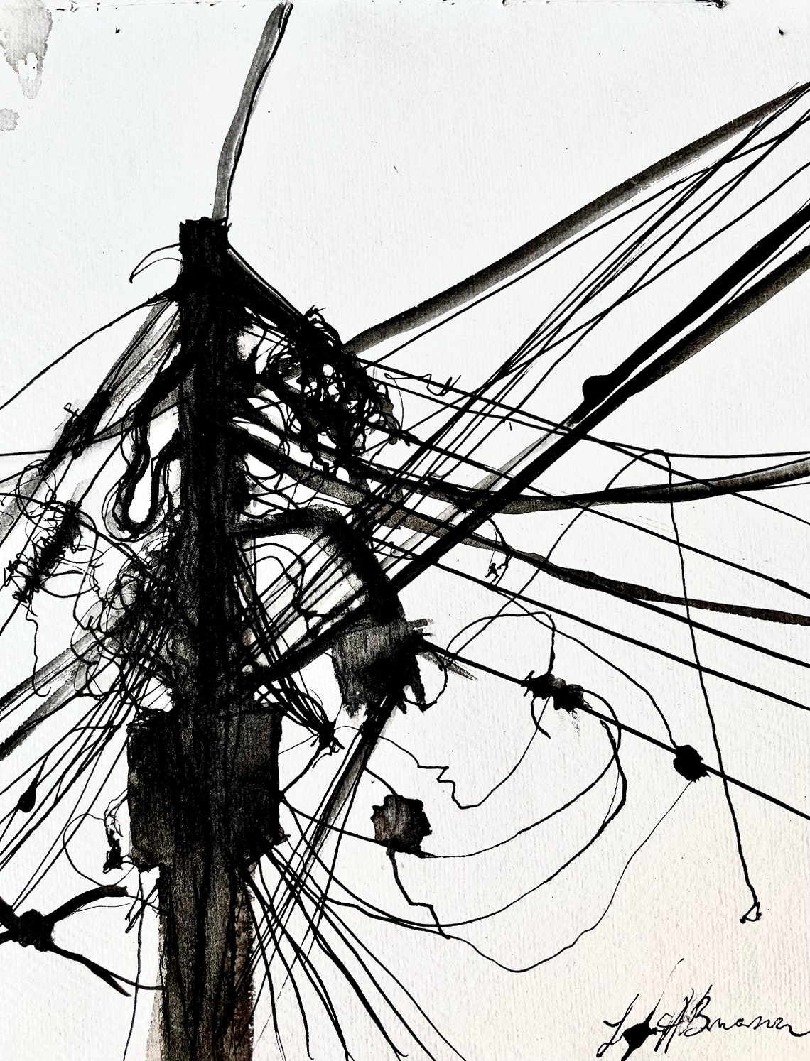 Original Ink Sketch of Power Lines - Hand-drawn Artwork on Khadi ...