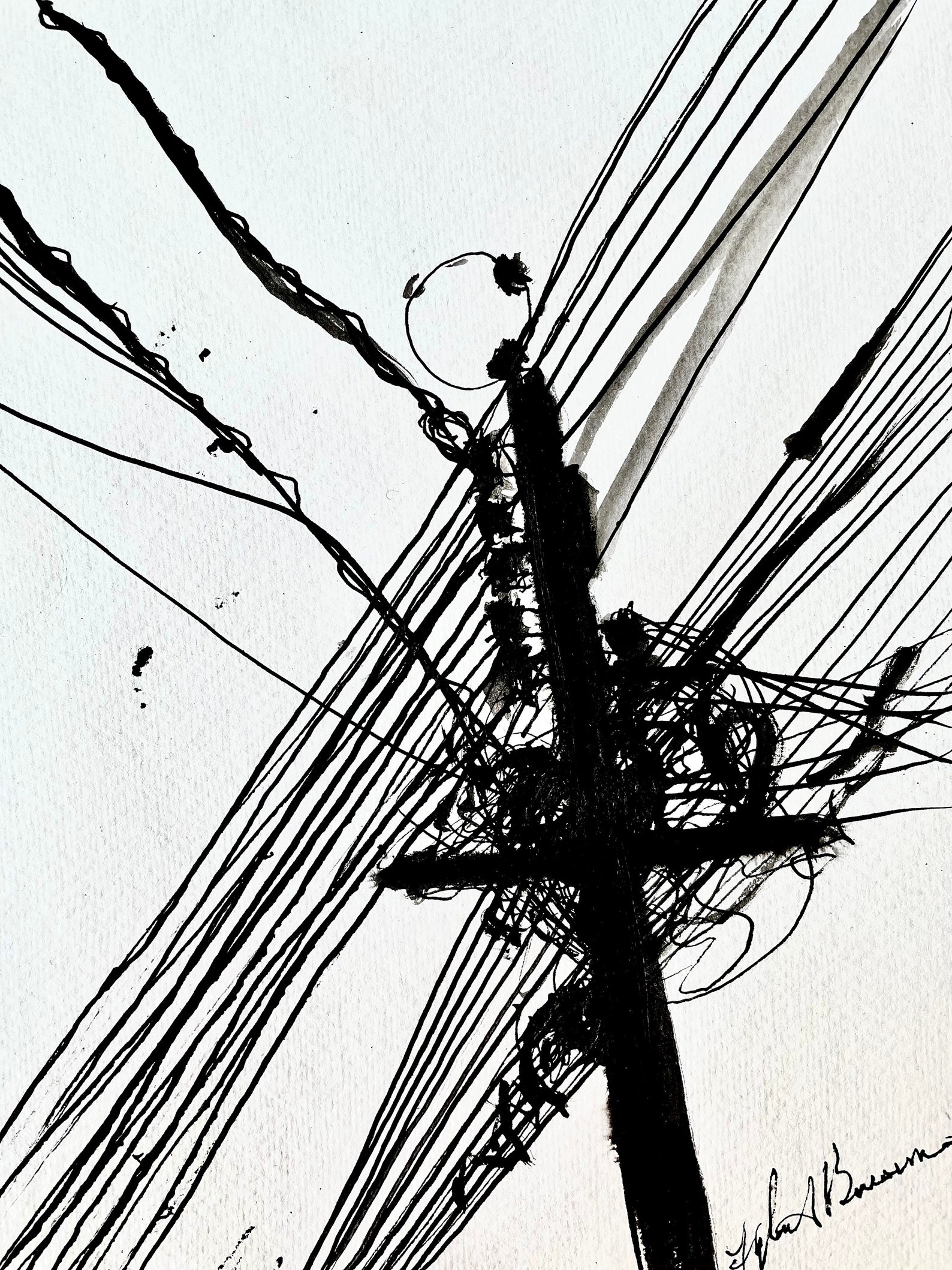 Original Ink Sketch of Power Lines - Hand-drawn Artwork on Khadi ...