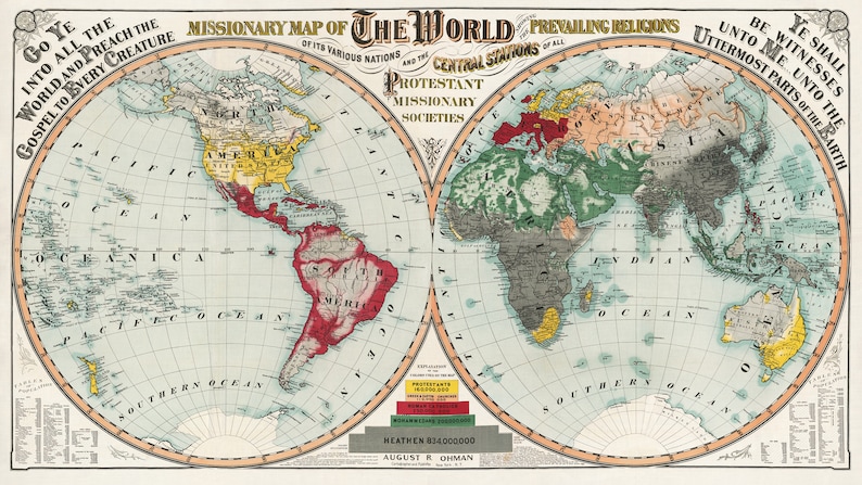 Giclee Map Print - Missionary Map of the World Prevailing Religions - Etsy