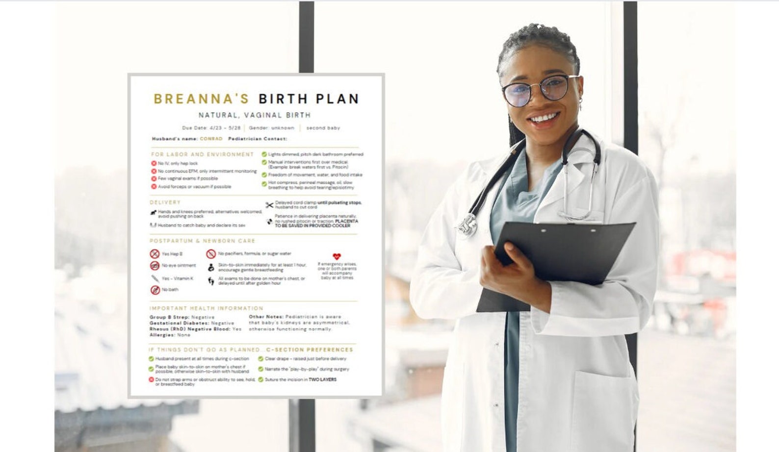 One Page Birth Plan WITH ICONS | Natural Birth | C-section Plan ...