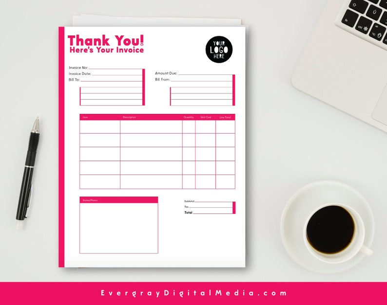 Modern Invoice Template for Word Hot Pink Thank You Invoice, Editable ...