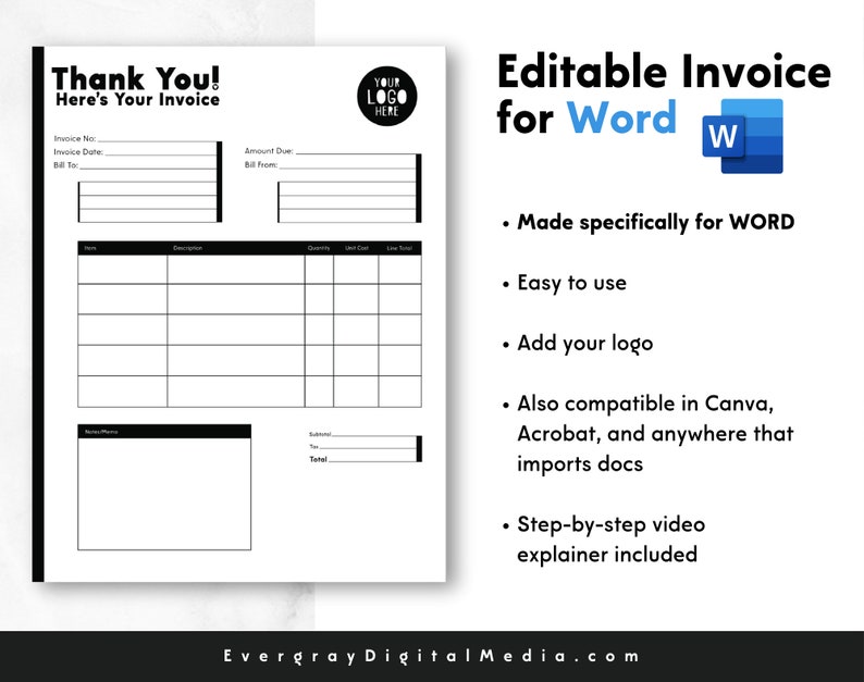 Modern Invoice Template for Word, Thank You Invoice, Editable Printable ...