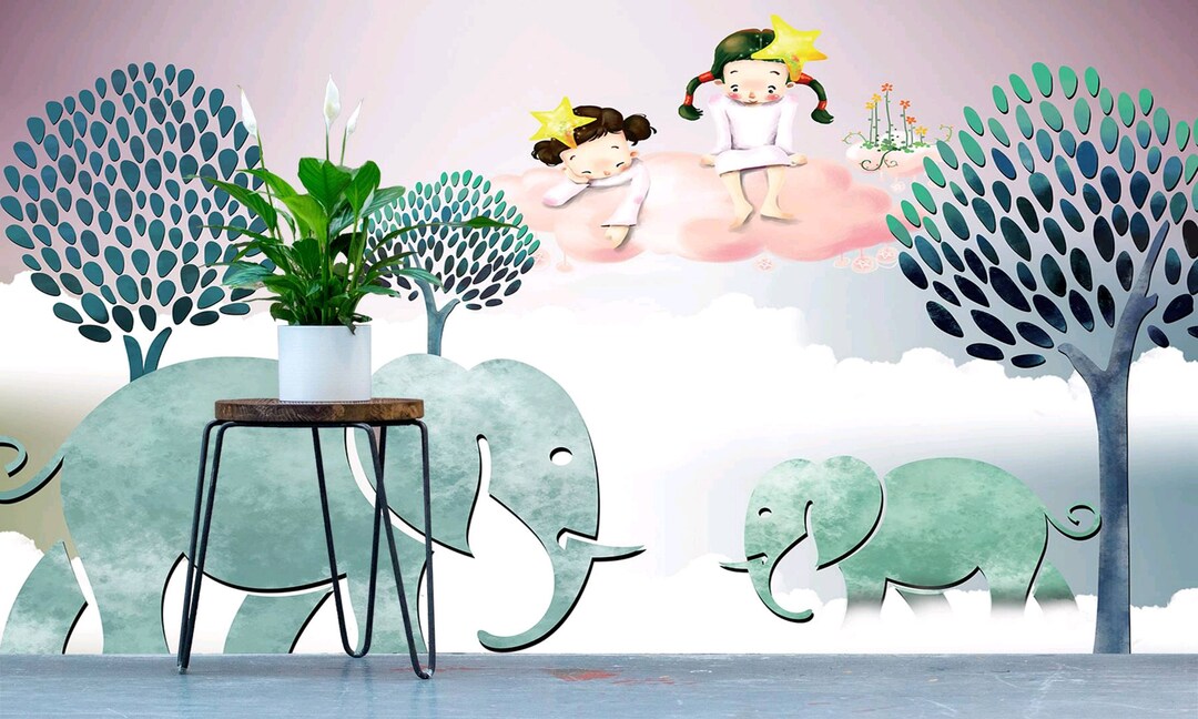 Beautiful Elephants Trees With Kids HD 3D Wallpaperwall Art - Etsy
