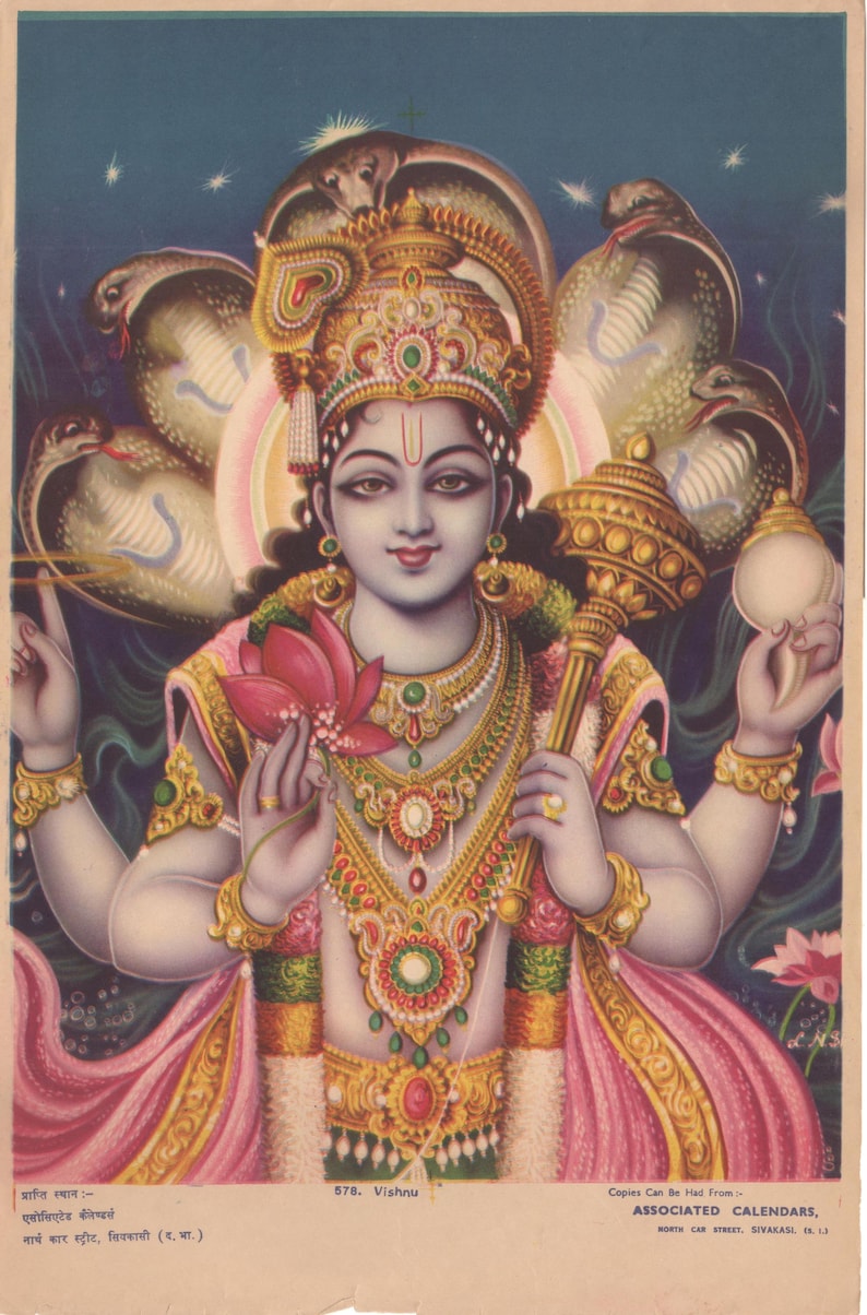 Rare 1950's Vintage Lithograph Calendar Prints of Vishnu: Set of 3 in ...
