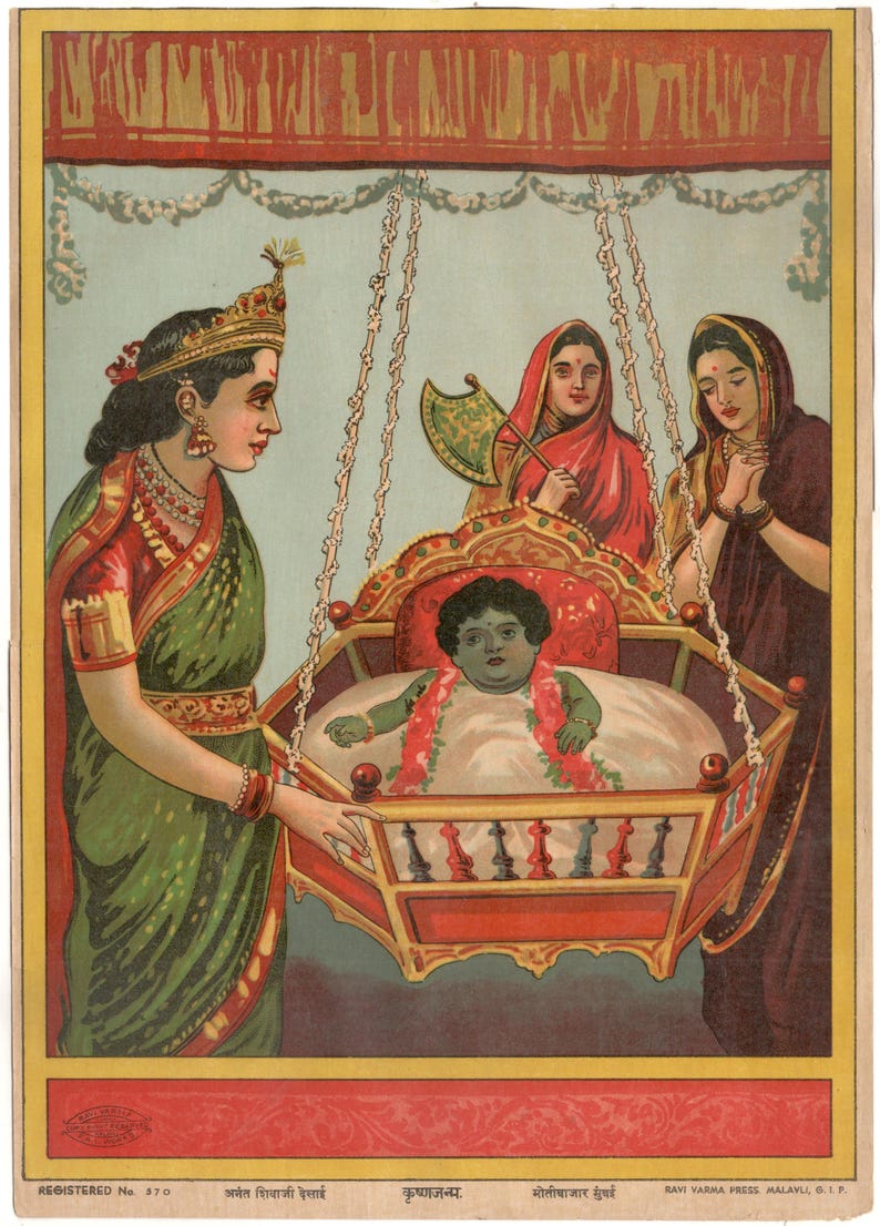 Rare Original Ravi Varma Press Lithograph: Krishna Janma 14"x10" (by M ...