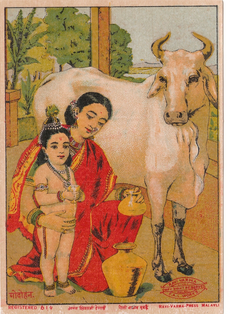 Rare Original Raja Ravi Varma Lithograph: Godohan 5"x7" (krishna With ...