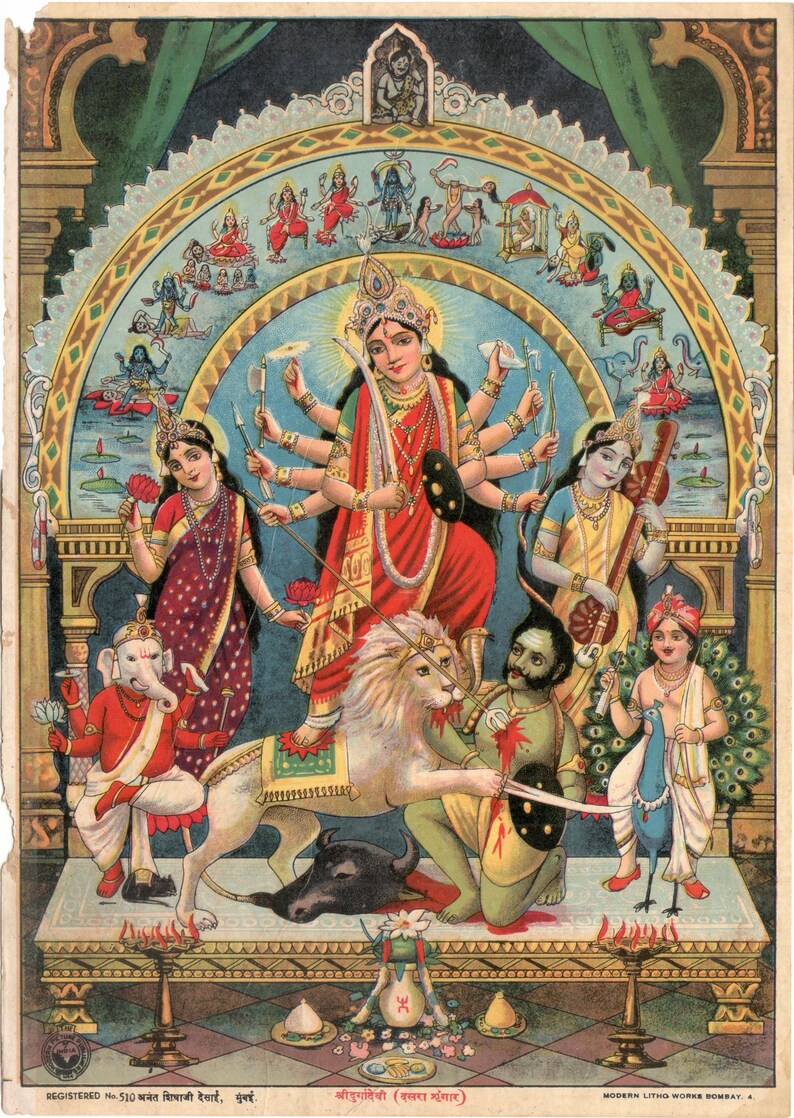 Rare Original Raja Ravi Varma Lithograph: Shri Durga Devi 14" X 10 ...