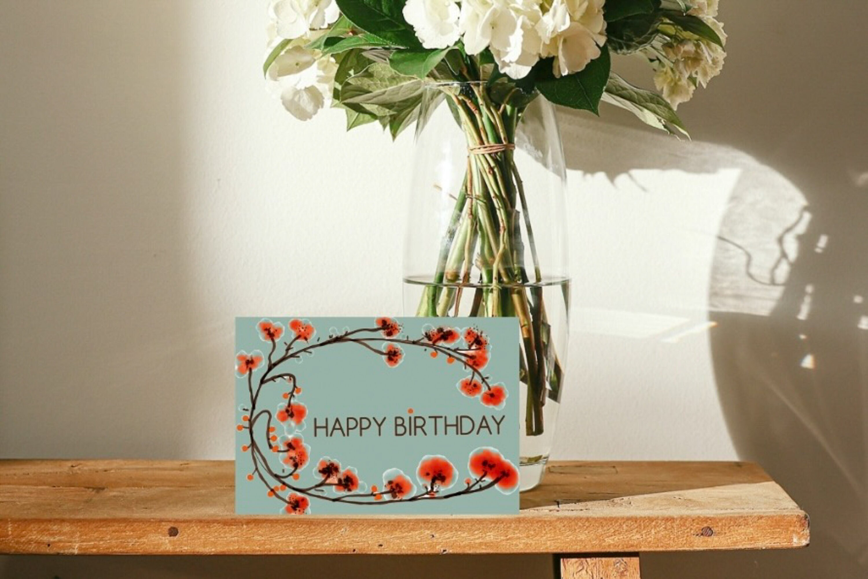 Floral Birthday Card Print Birthday Card With Red Flowers Turquoise ...