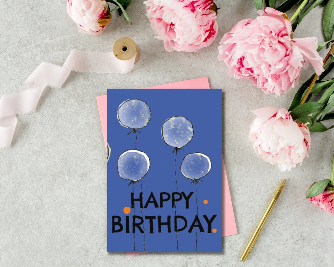 Blue Balloon Birthday Card Print Dark Blue Birthday Card With Balloons ...