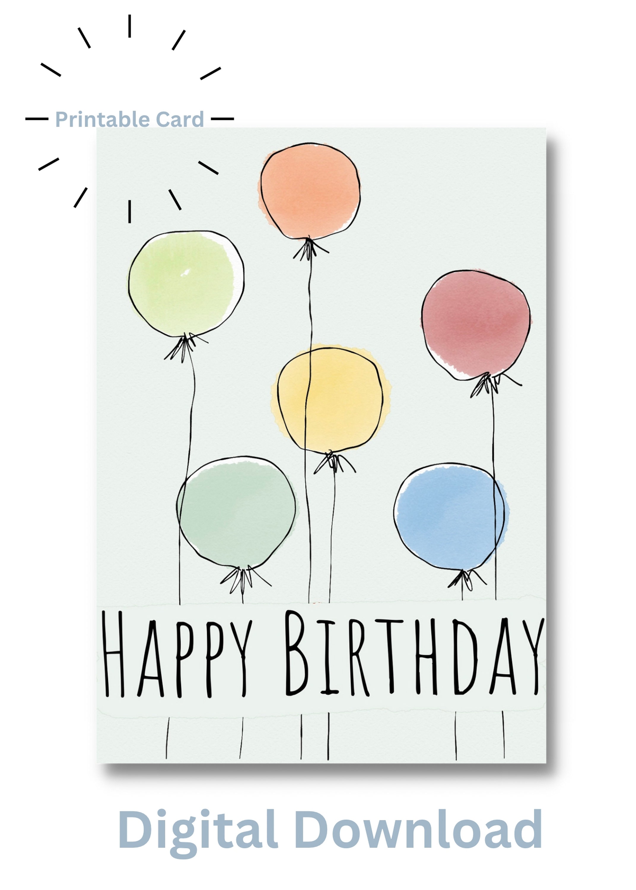 Printable Birthday Card Colorful Bday Card With Balloons Digital ...