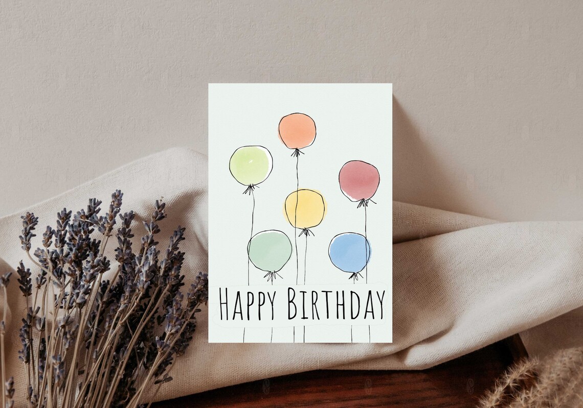 Printable Birthday Card Colorful Bday Card With Balloons Digital ...