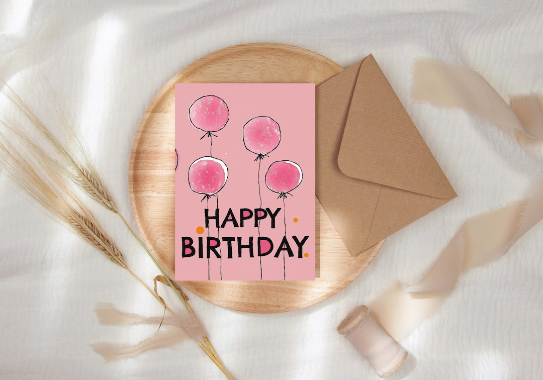 Pink Balloons Printable Birthday Card Pink Digital Happy - Etsy