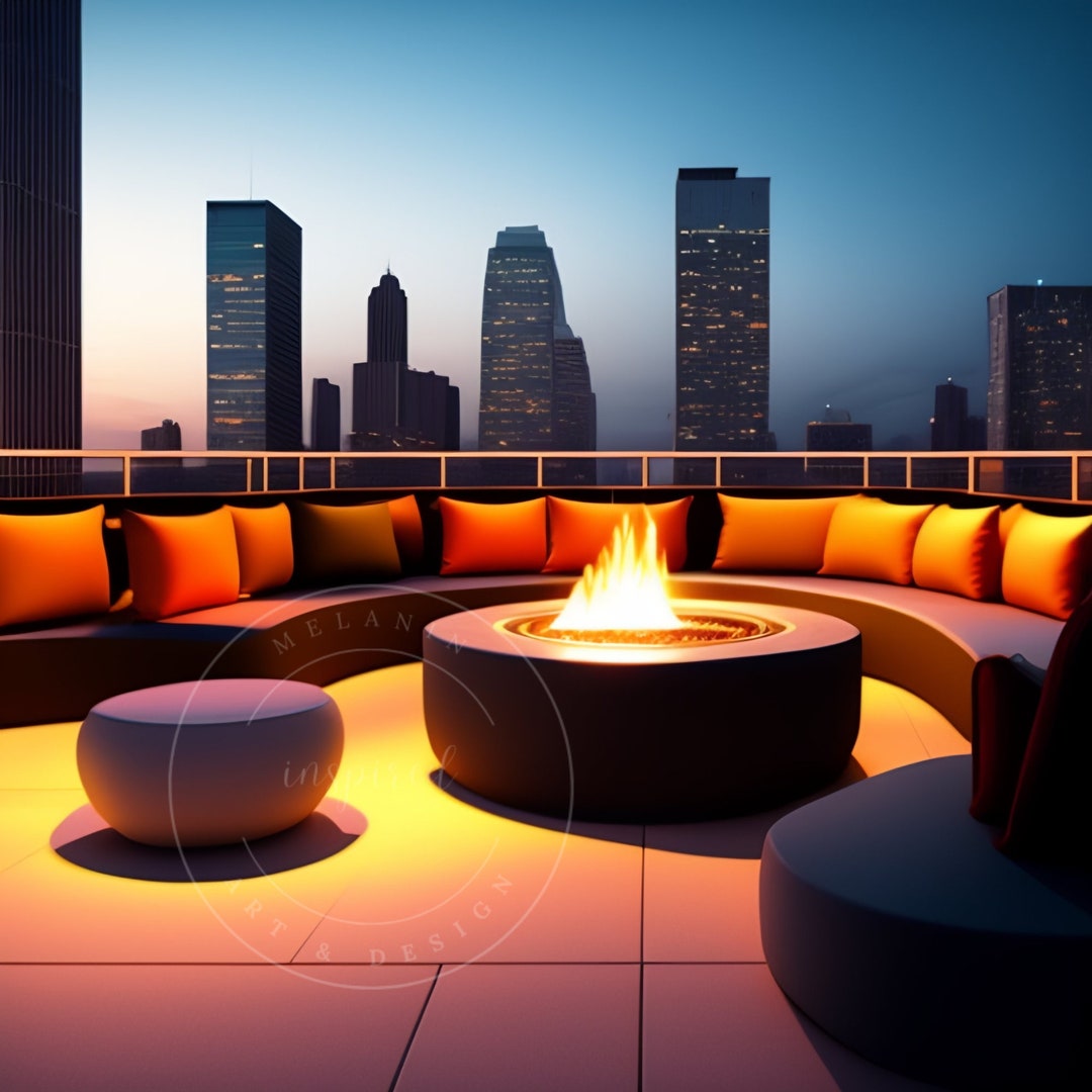 Background Scene, Rooftop Lounge, Firepit Background, Clipart, Digital ...