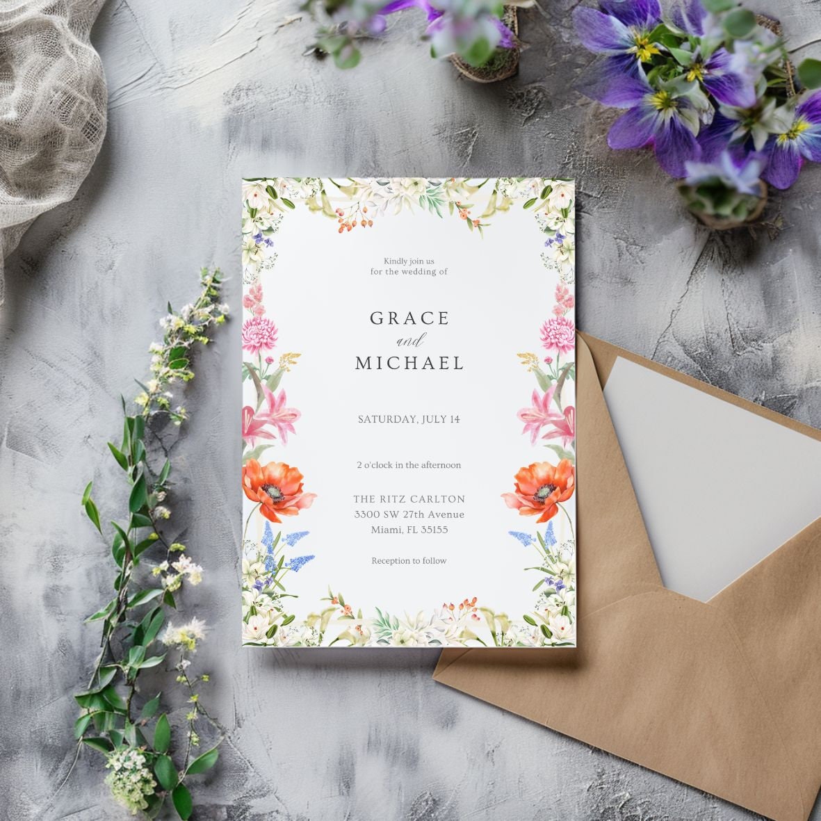 Wildflower Printable Wedding Invitation Template Watercolor Floral ...